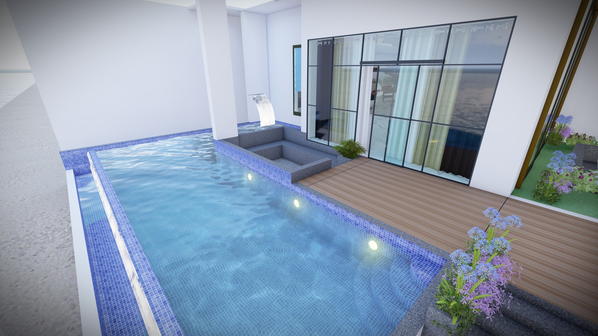 3D Model Infinite Swimming Pool 3D Model Wooden Deck Waterfall Seating ...