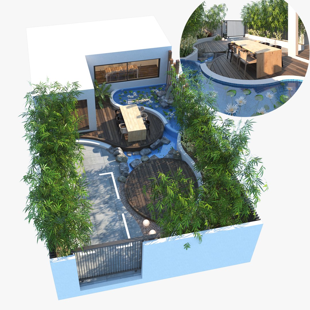 modelo 3d Front yard with parking and pool - TurboSquid 2076651