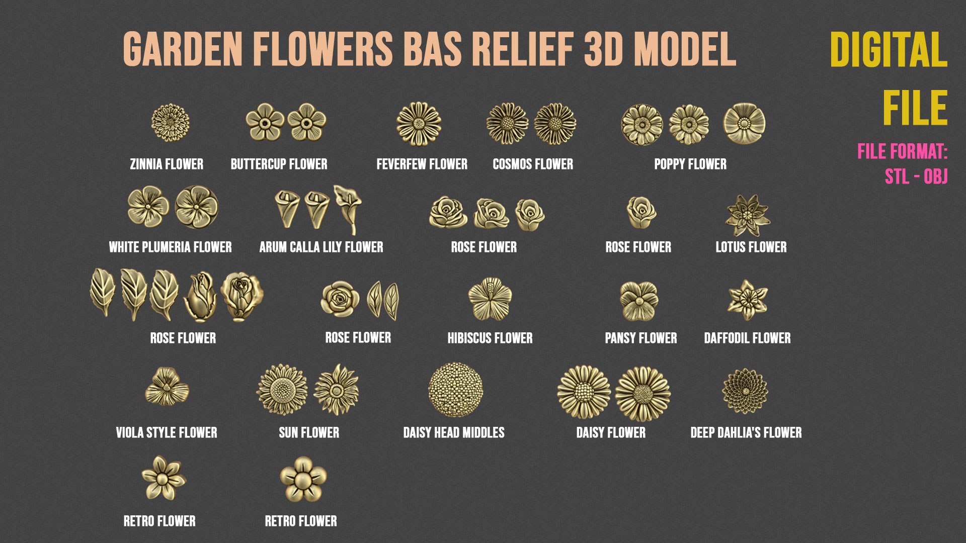 3D Garden Flowers Bas Relief Set - TurboSquid 2367234