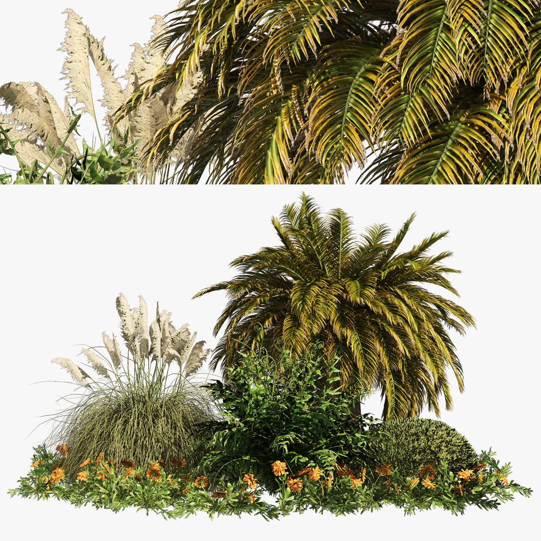 3D Outdoor Garden Set Palm Tree Bush Flowers - TurboSquid 1885315