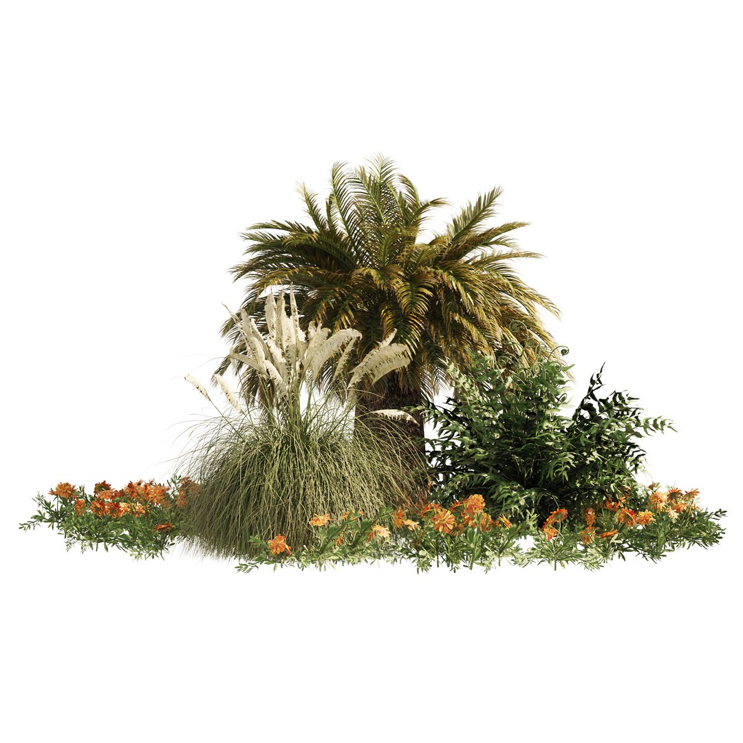 3D Outdoor Garden Set Palm Tree Bush Flowers - TurboSquid 1885315