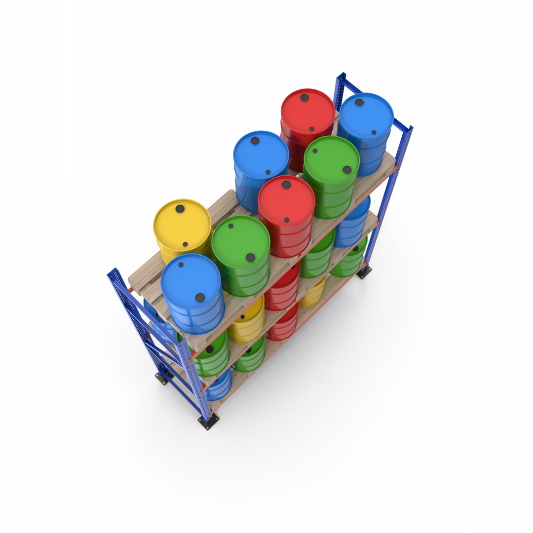 3D Pallet Rack And Colored Barrels - TurboSquid 2162255
