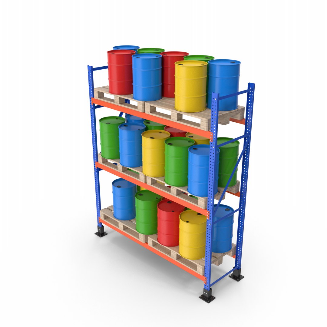3D Pallet Rack And Colored Barrels - TurboSquid 2162255