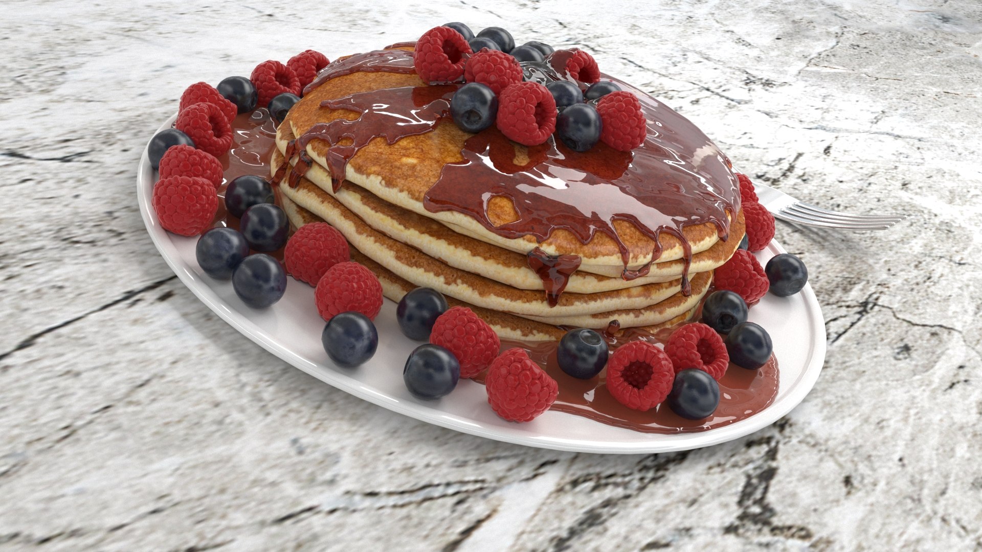3D Pancake With Blueberry And Raspberry Dressed With Maple Syrup Model ...