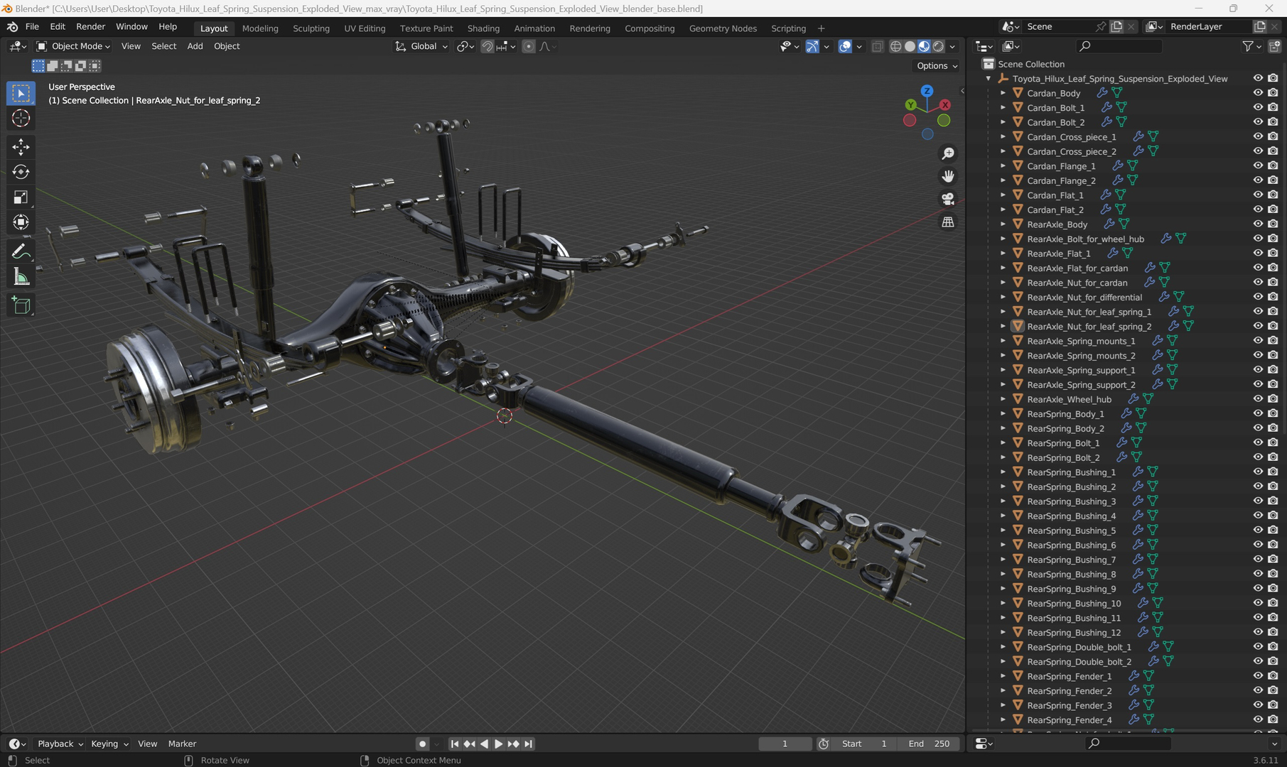 modelo 3d Vista despiezada de la suspensión de ballesta de la Toyota ...