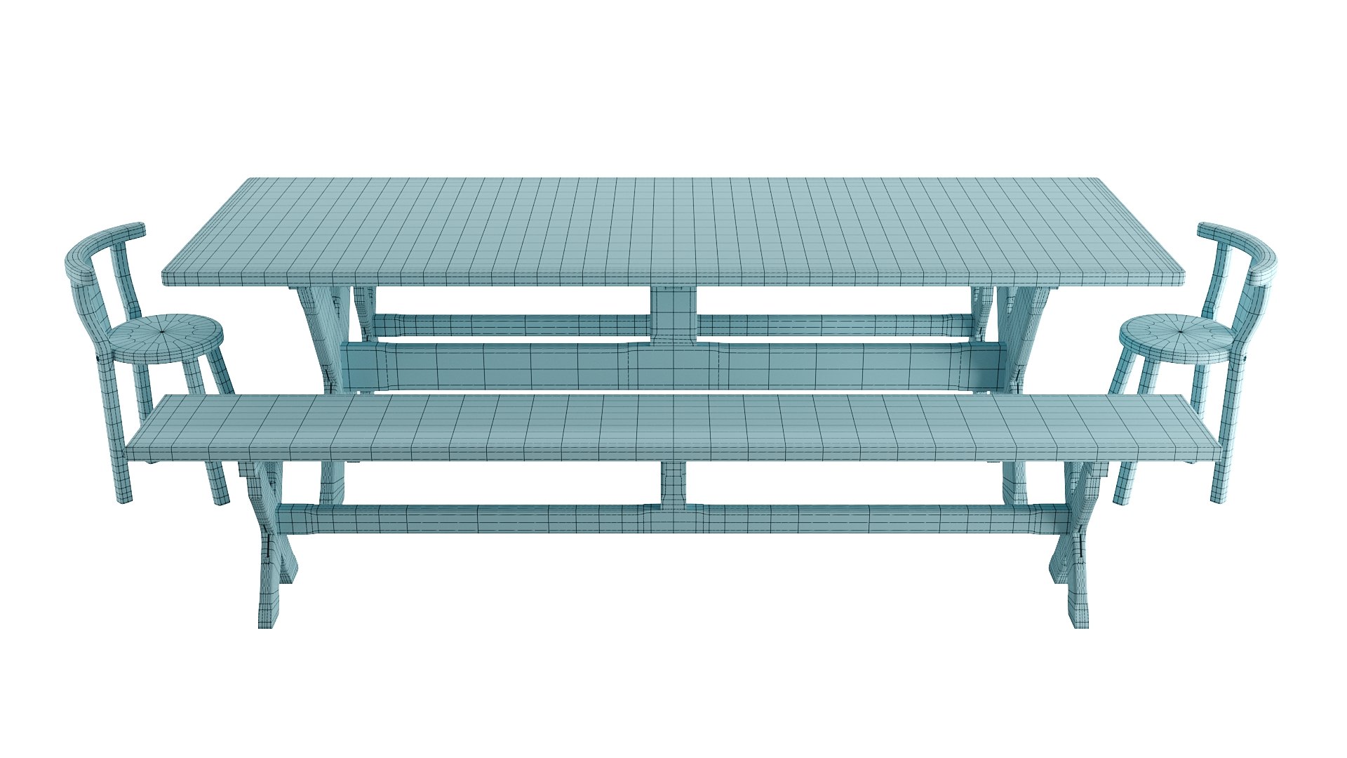 3D Model A Table With Four Benches And A Tablecloth - TurboSquid 2407244