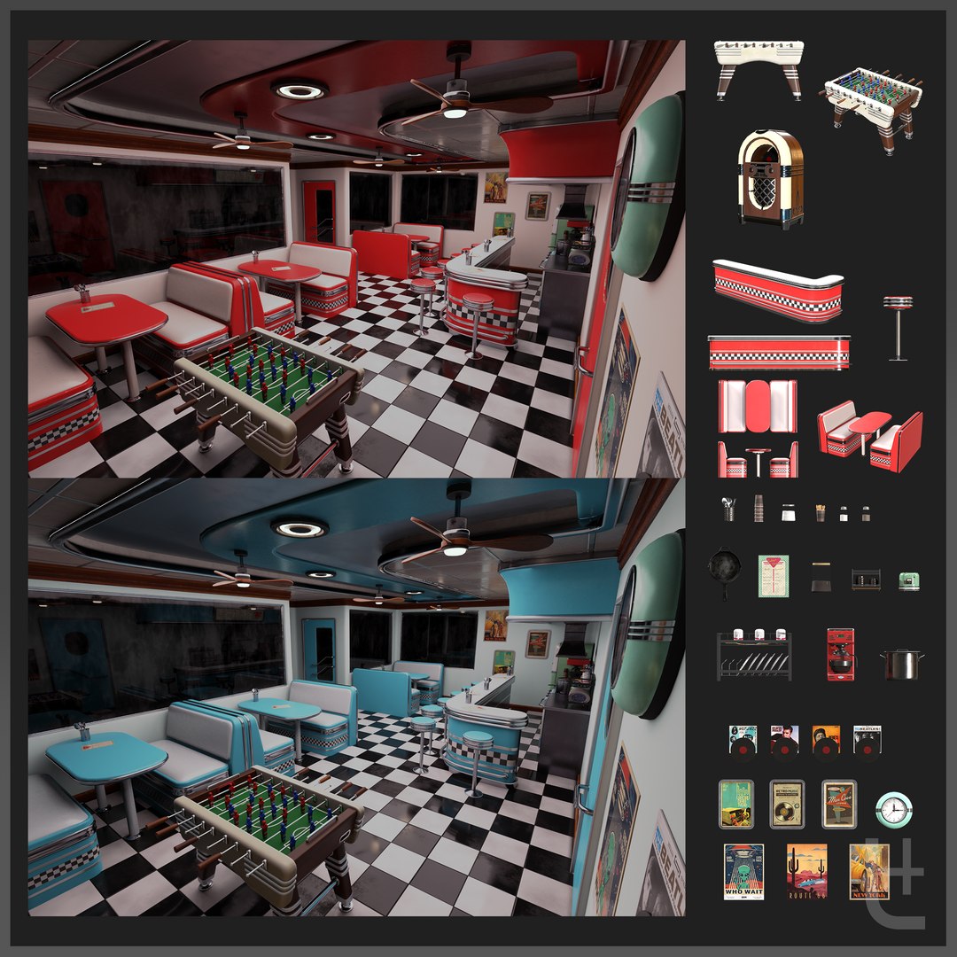 3D 50s Diner Low-poly 3d Model Pack Low-poly 3D Model Model ...