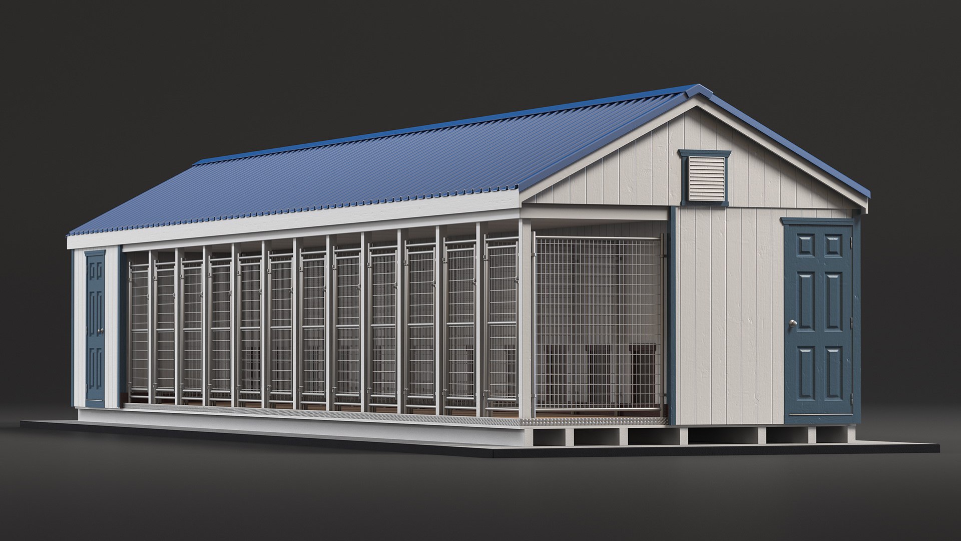 3D Model Commercial Dog Kennel 12-box Blue Roof - TurboSquid 1988171