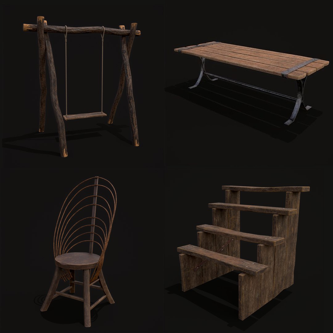 3D Rustic Medieval Wood Furniture Mix Three Model - TurboSquid 2036115