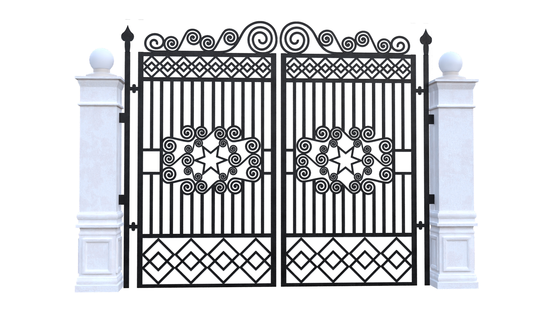 Ornate Wrought Iron Double Gate With Stone Pillars 3D Model 3D Model ...