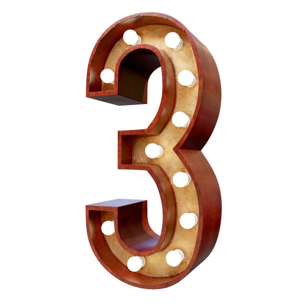 Marquee number three light bulb wooden glow sign 3dmodel 3D model ...
