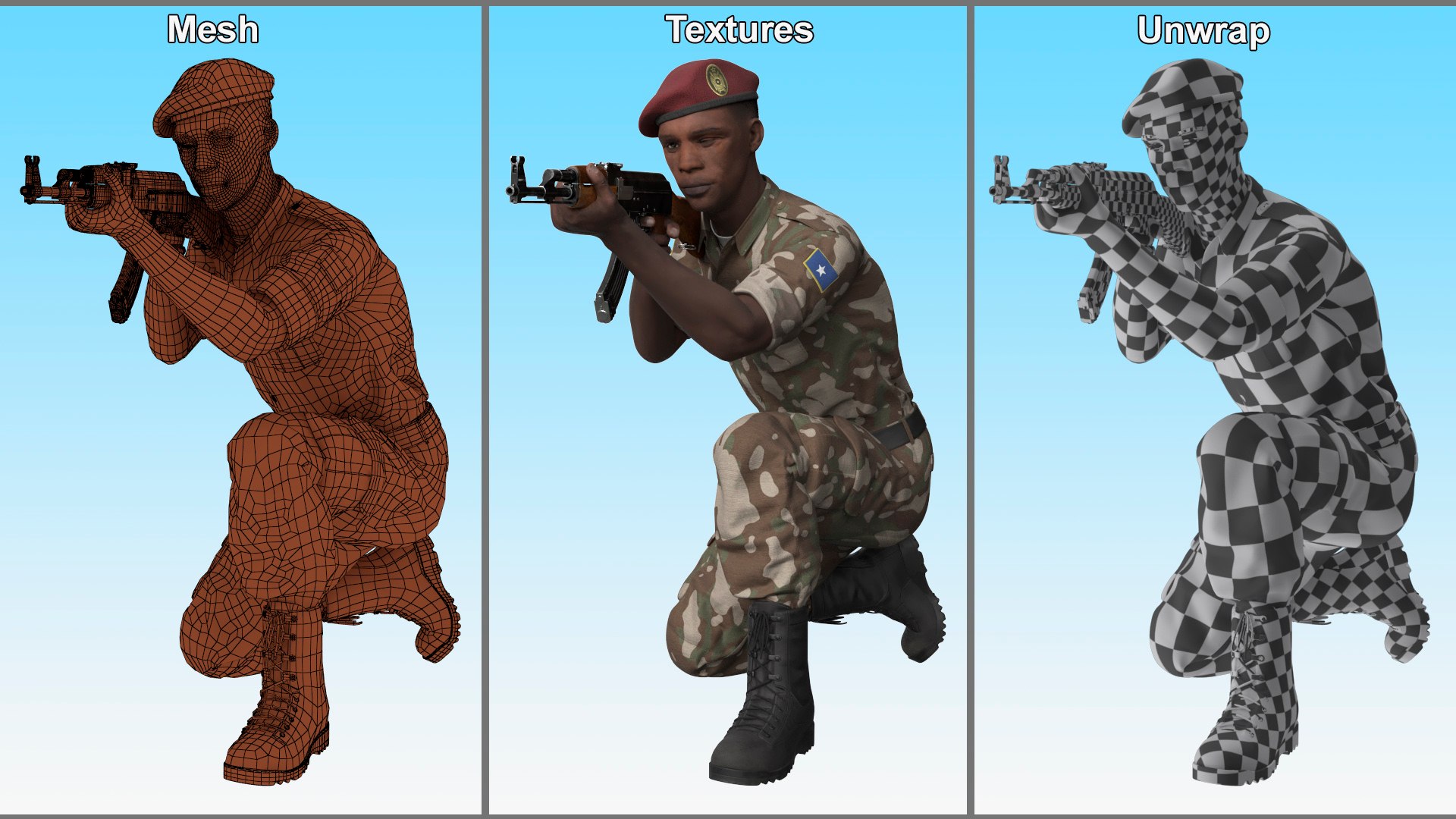 3D Somali Soldier In Camouflage With Rifle AK-47 Fur - TurboSquid 2390601