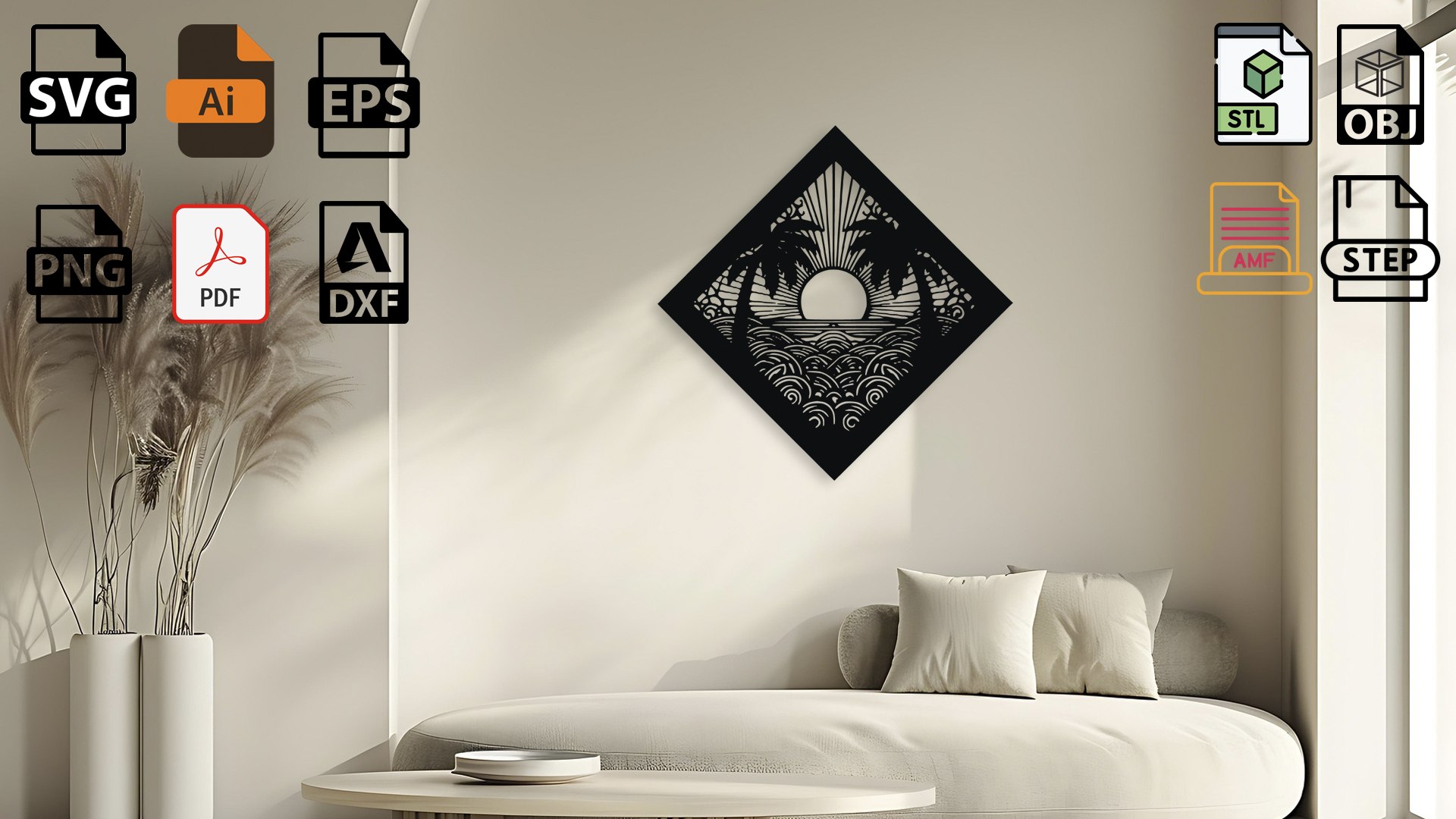 Tropical Sunset Diamond Wall Art Decor STL For 3D Print Laser Model ...