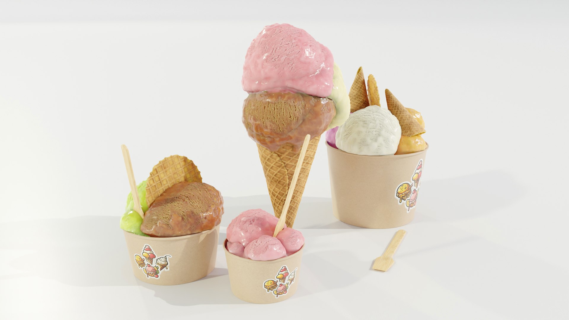 Ice Cream Cone And Cups 3D - TurboSquid 2225677