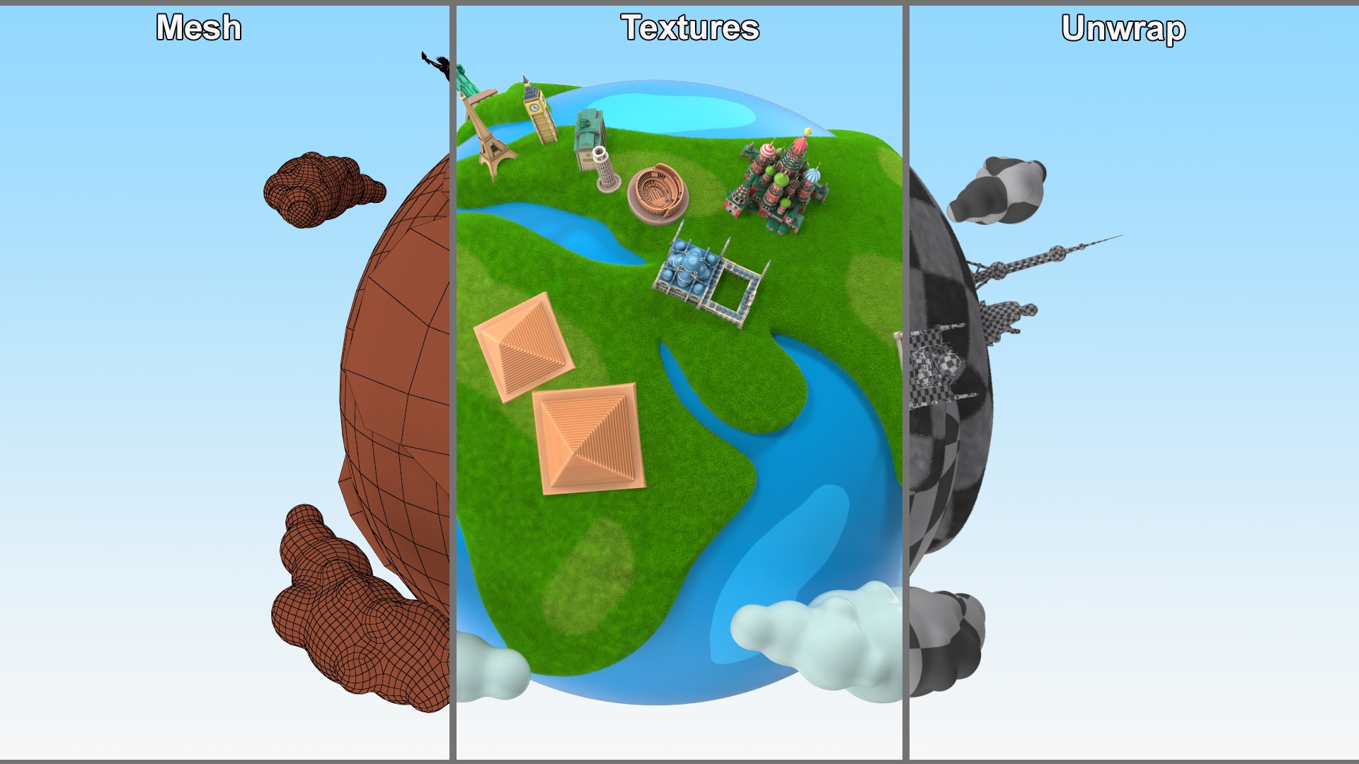 3D Miniature Cartoon Globe With World Landmarks Fur Model - TurboSquid ...