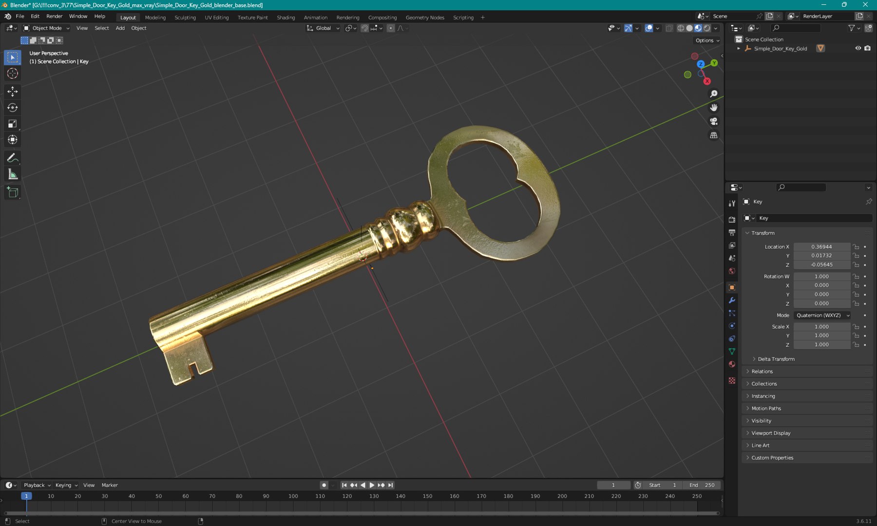 3D Model Simple Door Key Gold - TurboSquid 2327204