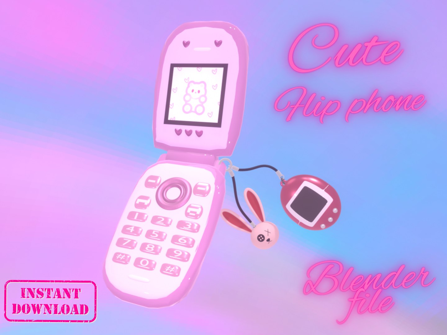 modelo 3d Cute kawaii flip phone with a keychain tamagotchi ...