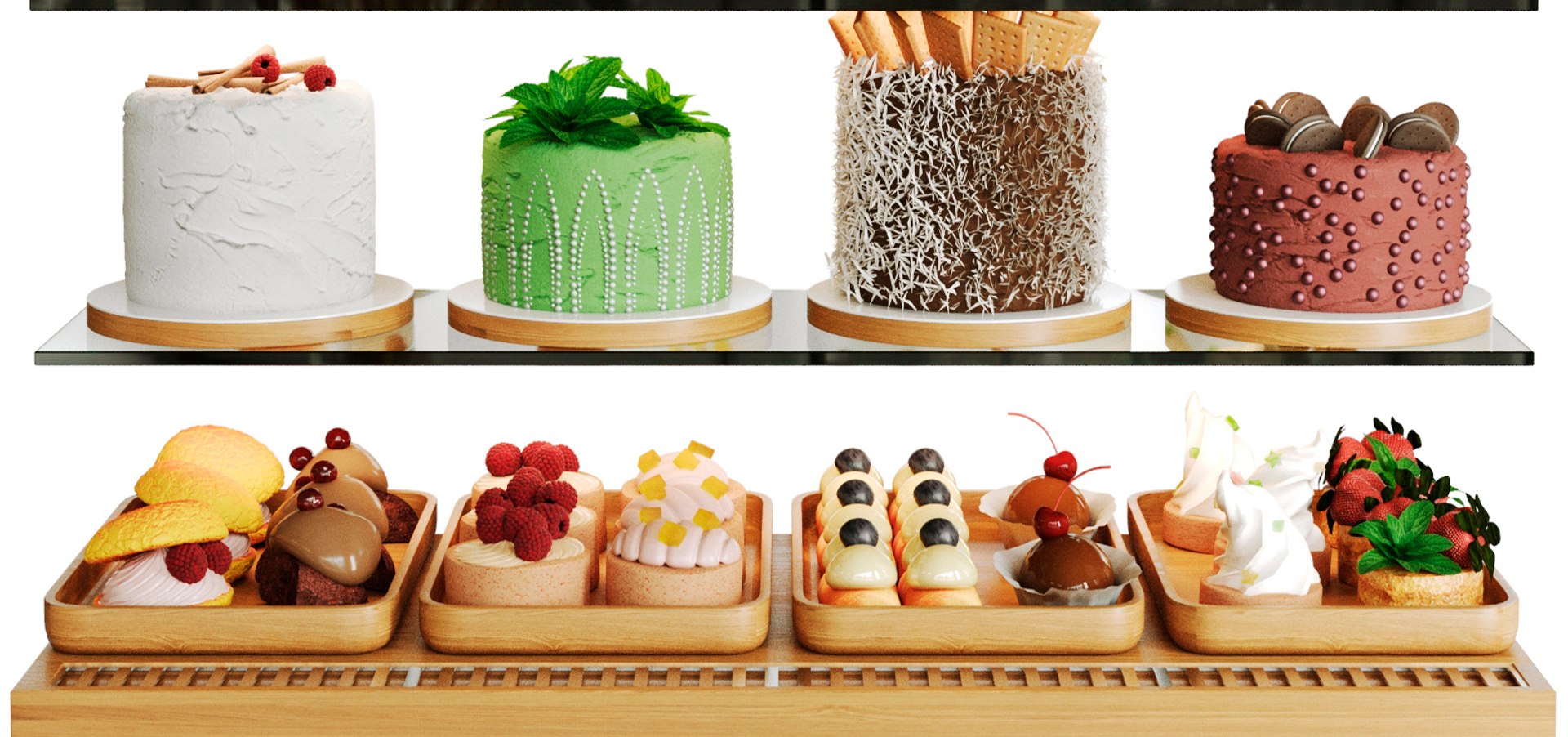3D Showcase With Cakes And Desserts Model - TurboSquid 1945529