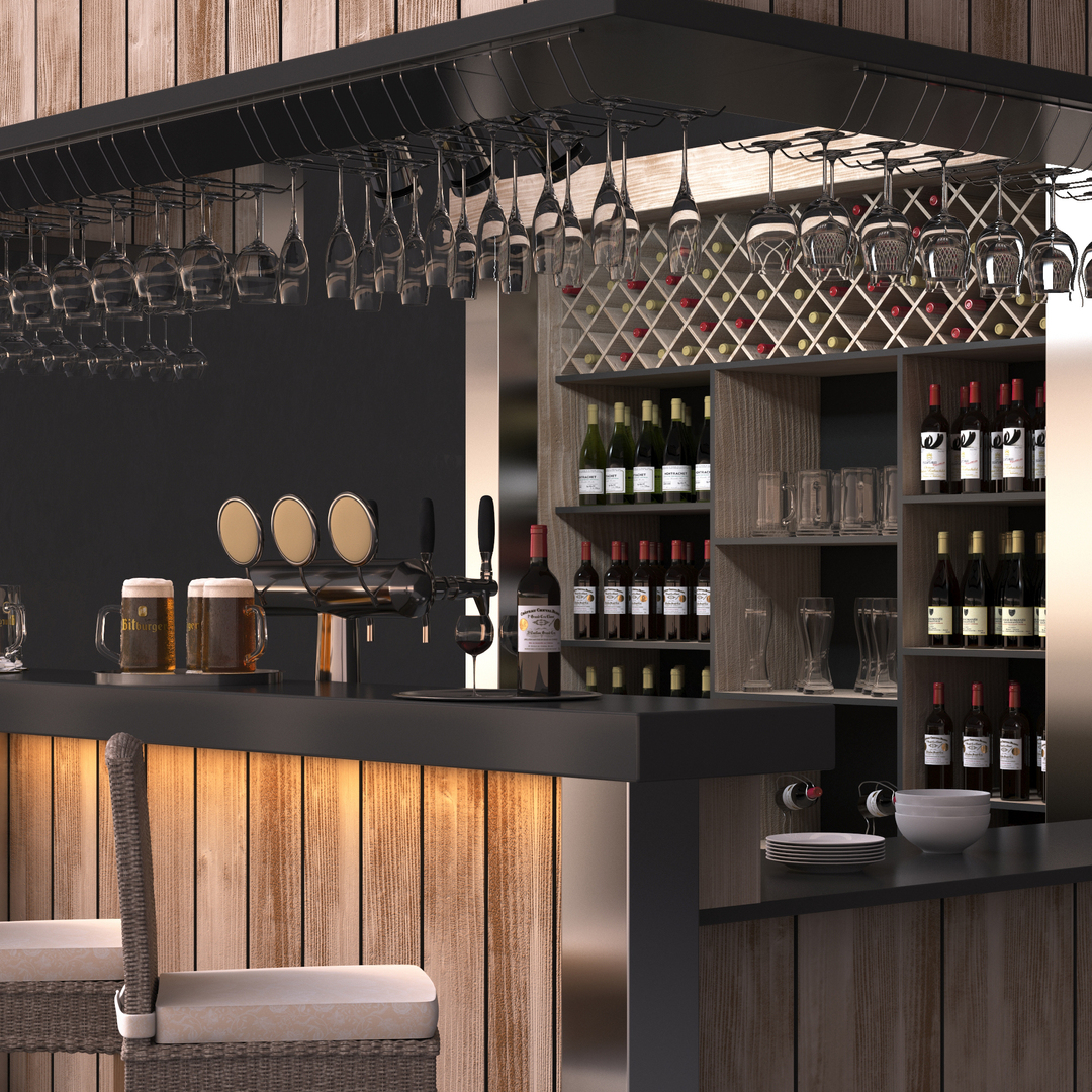 3d model bar beer tap wine bottles