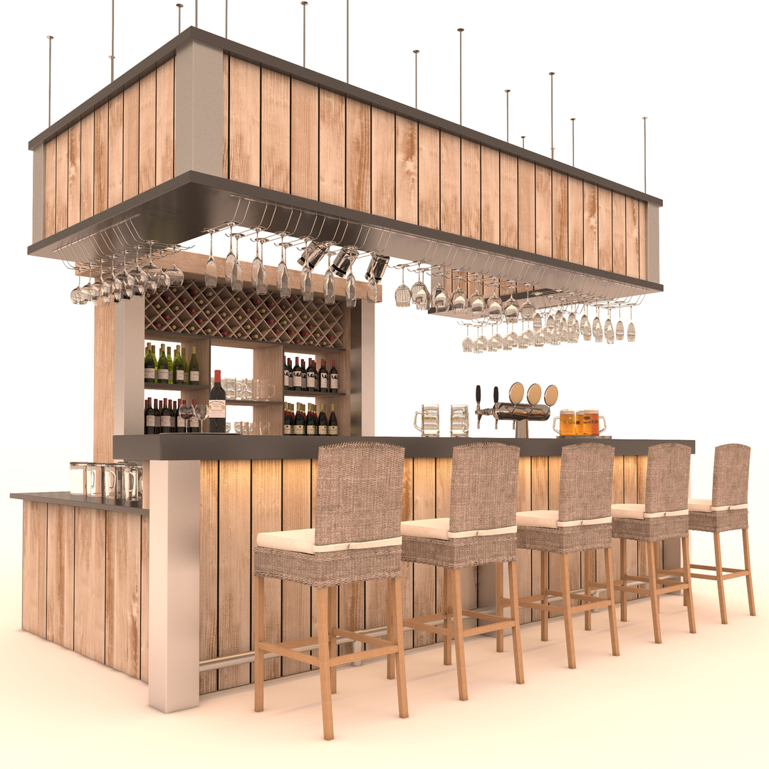 3d model bar beer tap wine bottles