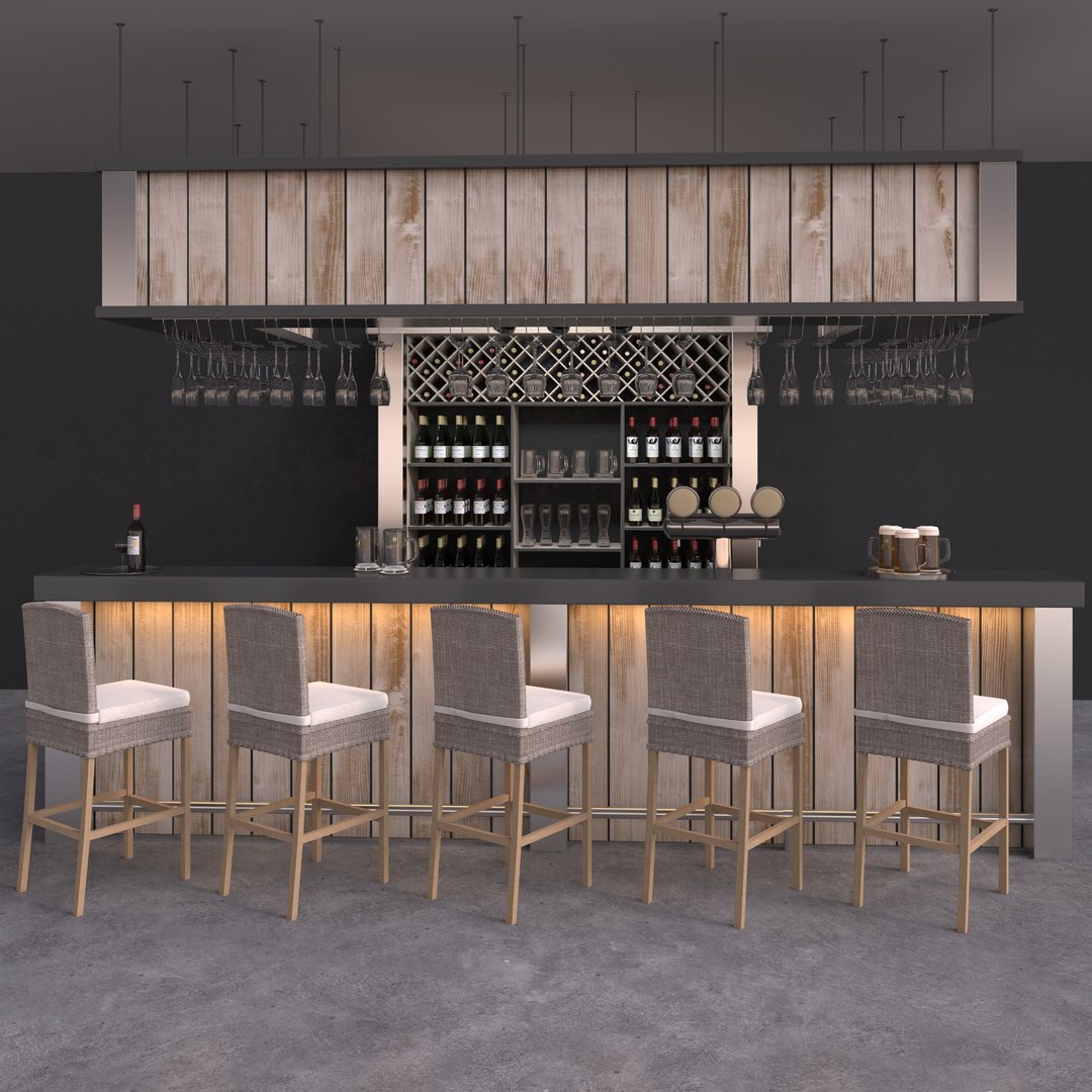3d Model Bar Beer Tap Wine Bottles