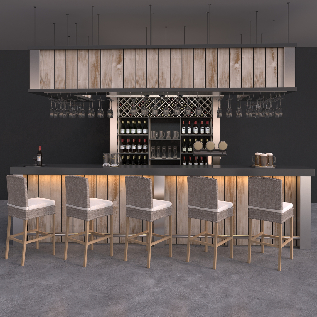 3d model bar beer tap wine bottles