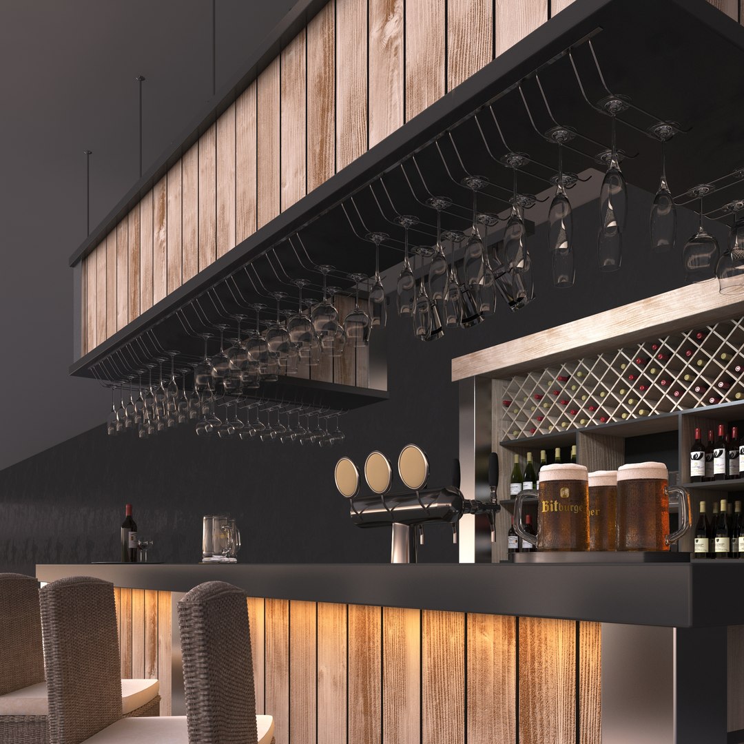 3d Model Bar Beer Tap Wine Bottles