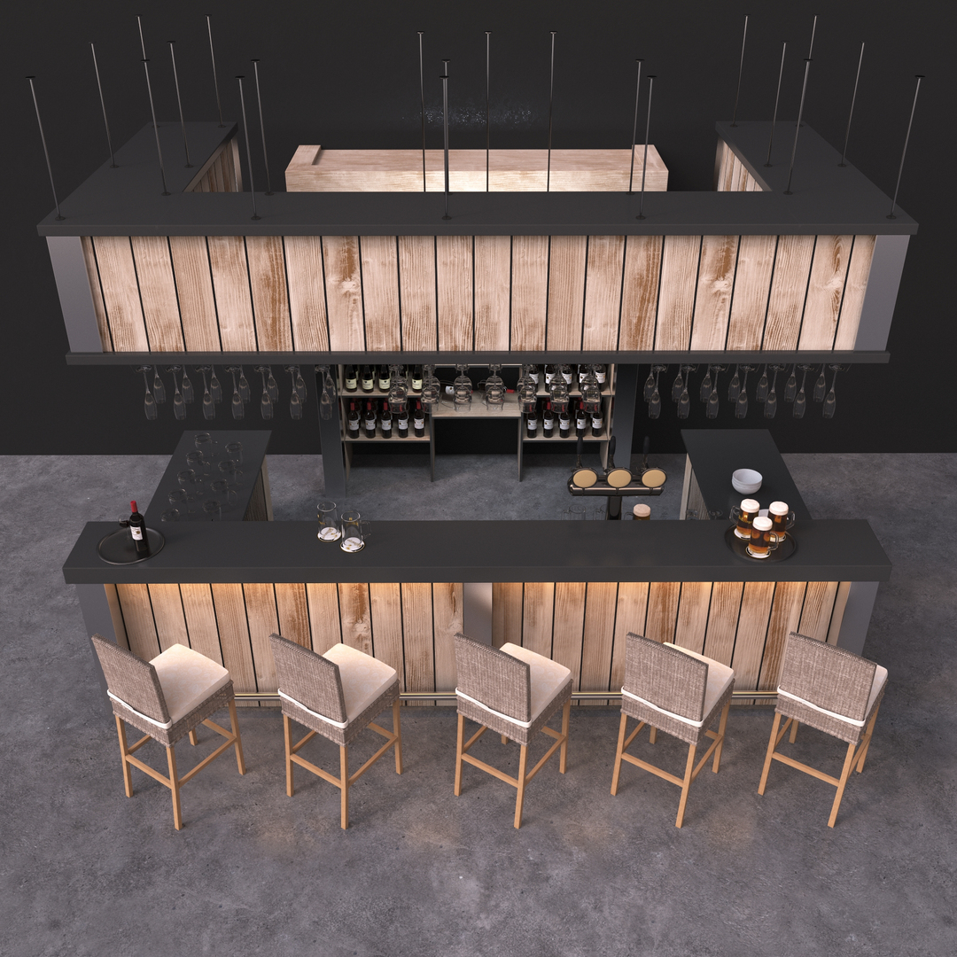 3d model bar beer tap wine bottles