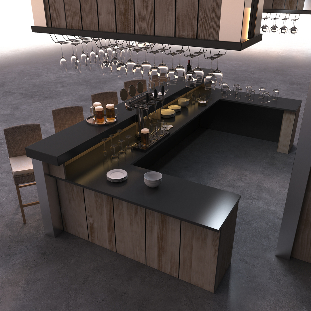 3d model bar beer tap wine bottles
