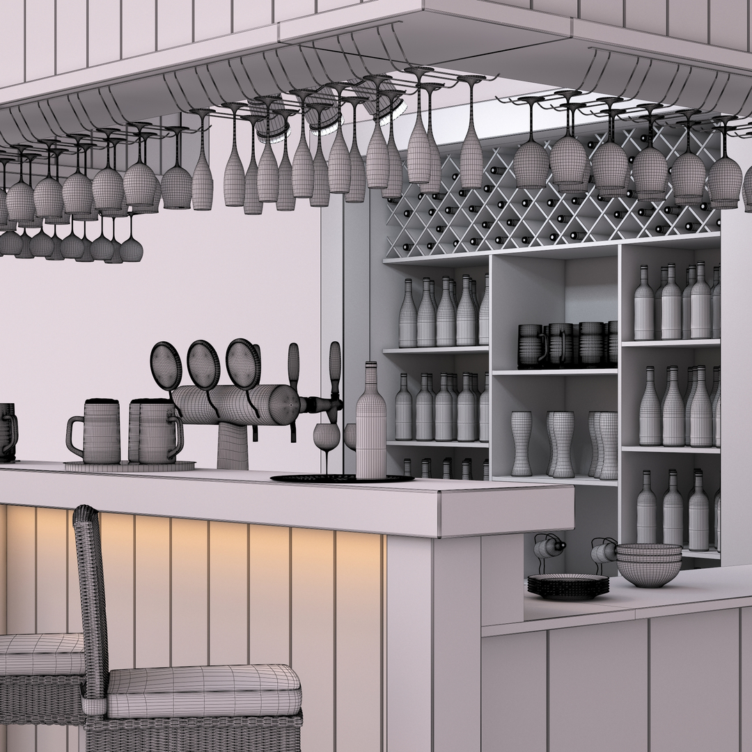 3d model bar beer tap wine bottles