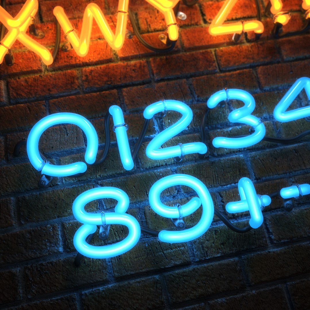 3d neon alphabet numbers font model