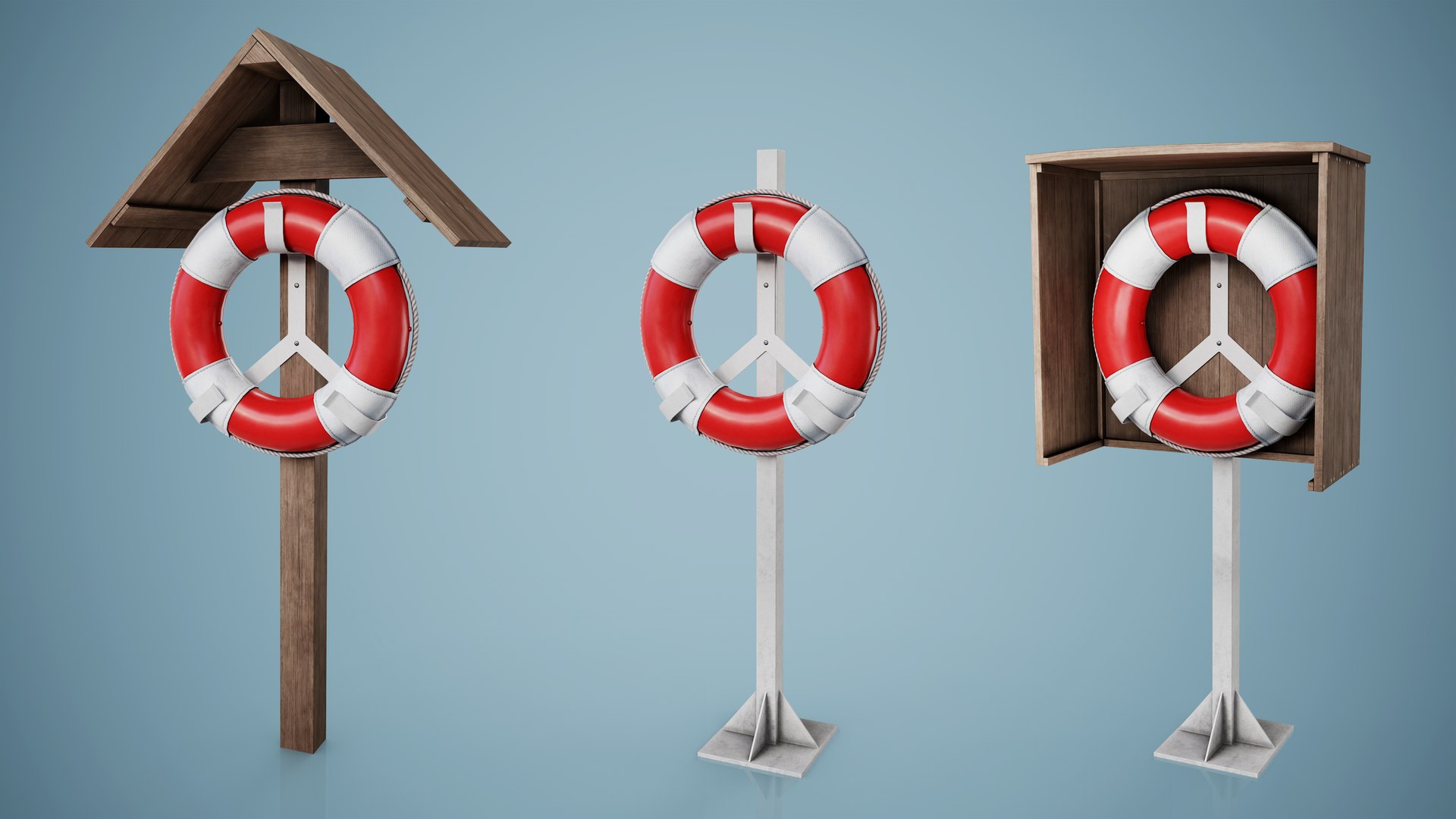 Set Of 3 Lifebuoy On Holders 3D - TurboSquid 2175981
