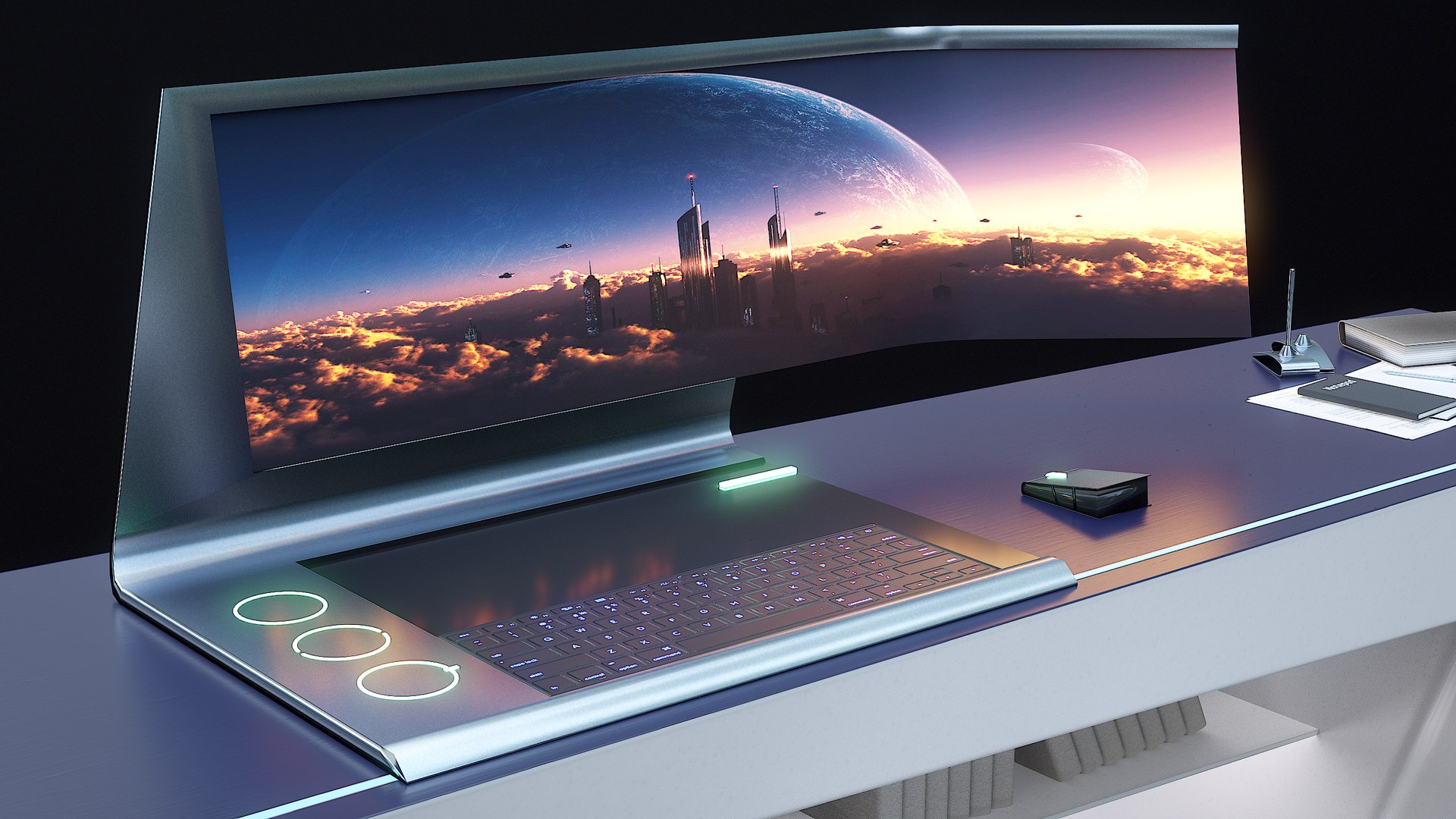 3D Futuristic Sci-Fi Glass Workdesk With Hologram Screen PBR ...