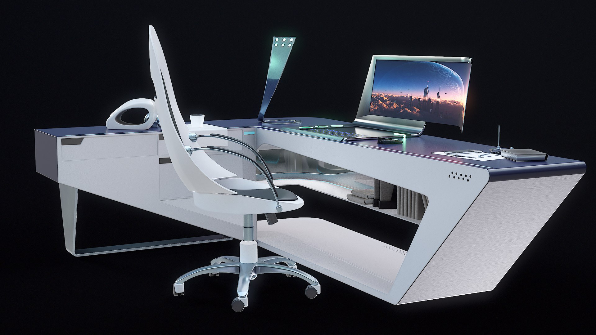 3D Futuristic Sci-Fi Glass Workdesk With Hologram Screen PBR ...
