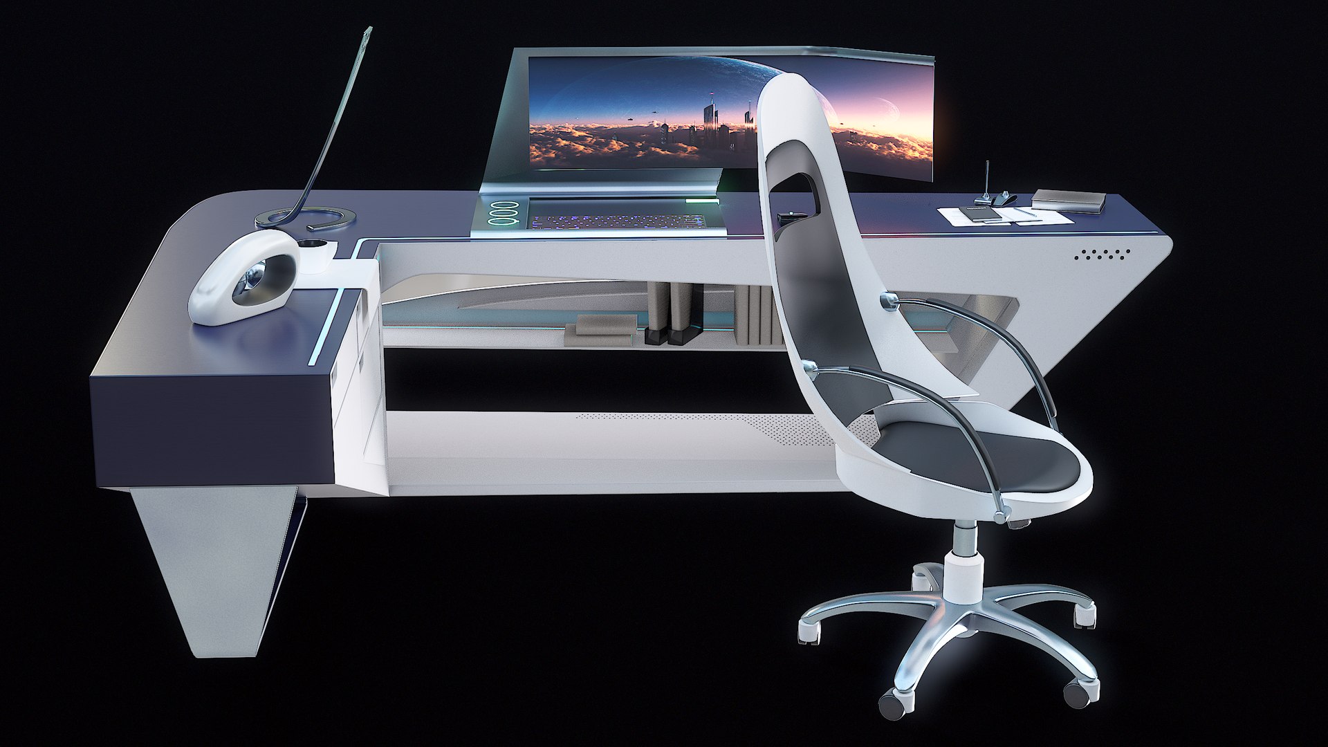 3D Futuristic Sci-Fi Glass Workdesk With Hologram Screen PBR ...