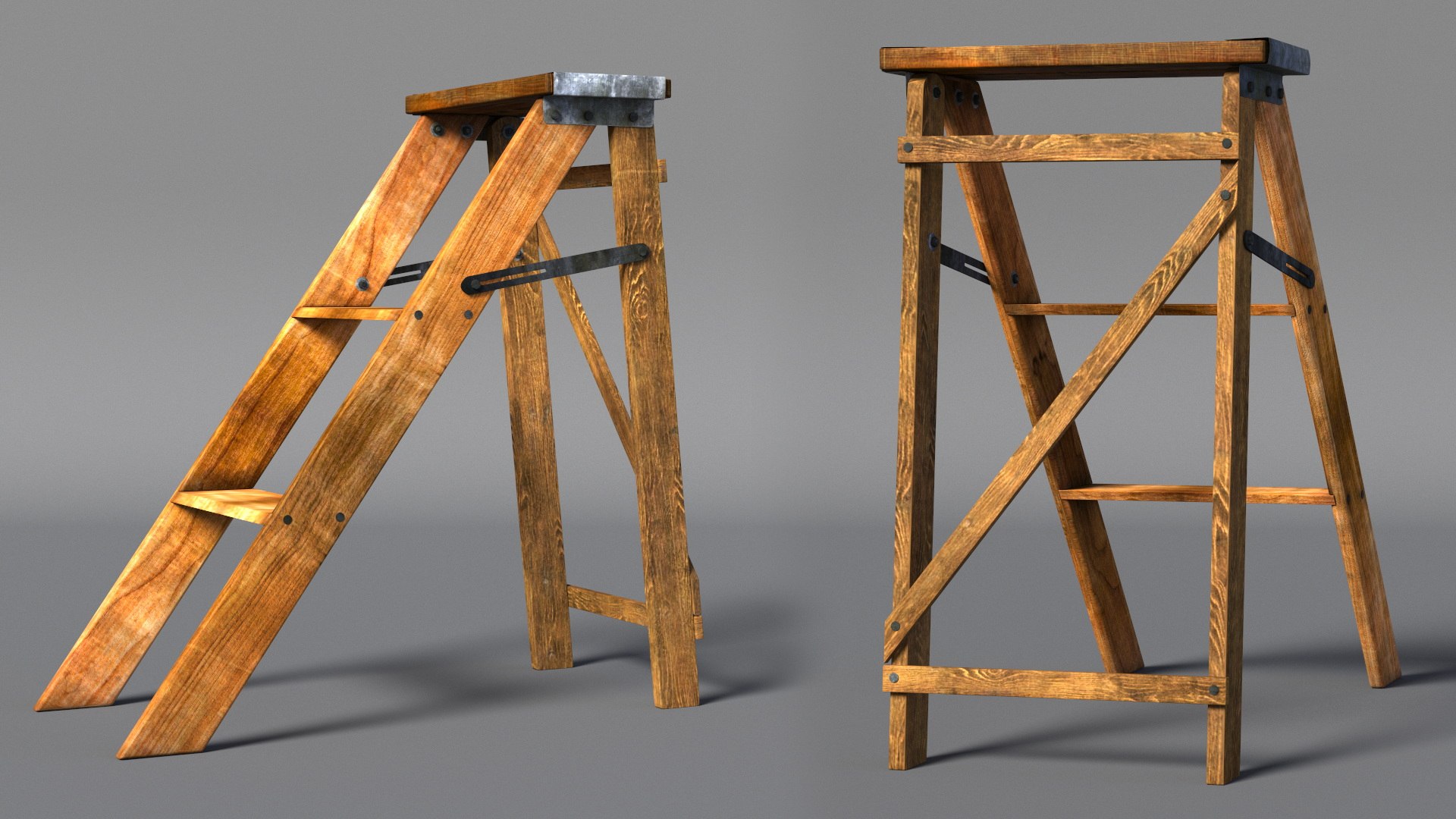 3D Vintage Wooden Step Ladder Model - TurboSquid 2131574