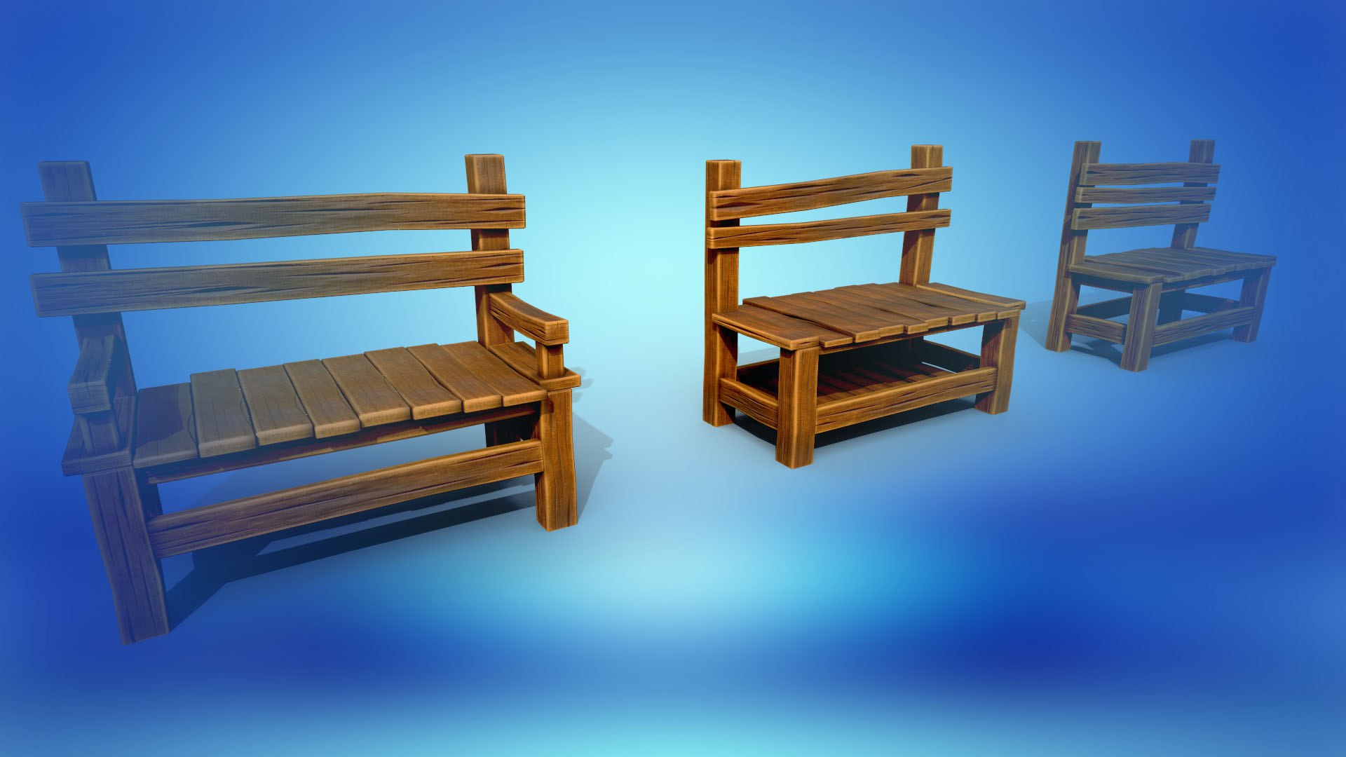 3D model Stylized bench bench 3 types PBR low-poly game ready Low-poly ...