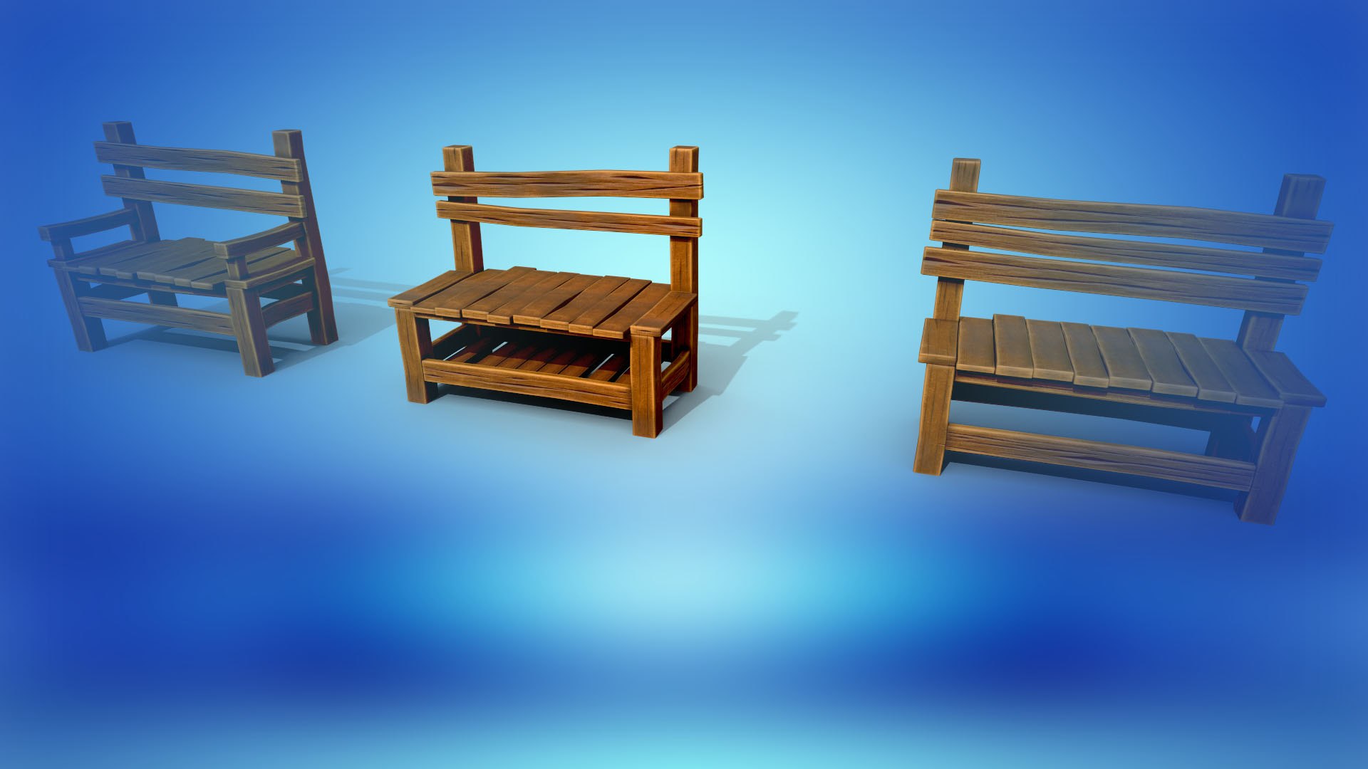 3D model Stylized bench bench 3 types PBR low-poly game ready Low-poly ...