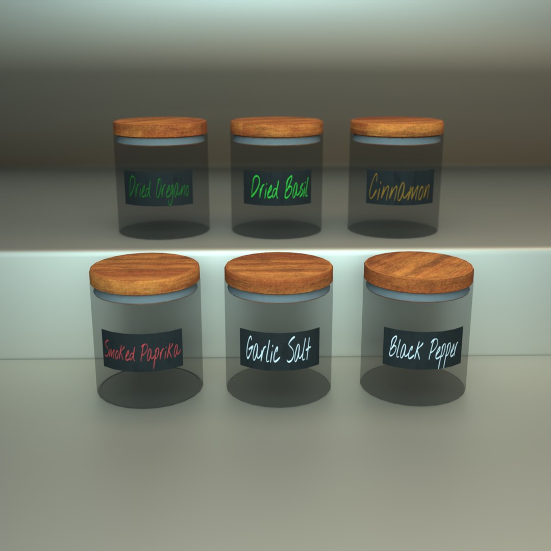 modelo 3d Juego de tarros para especias con etiquetas editables y hoja ...