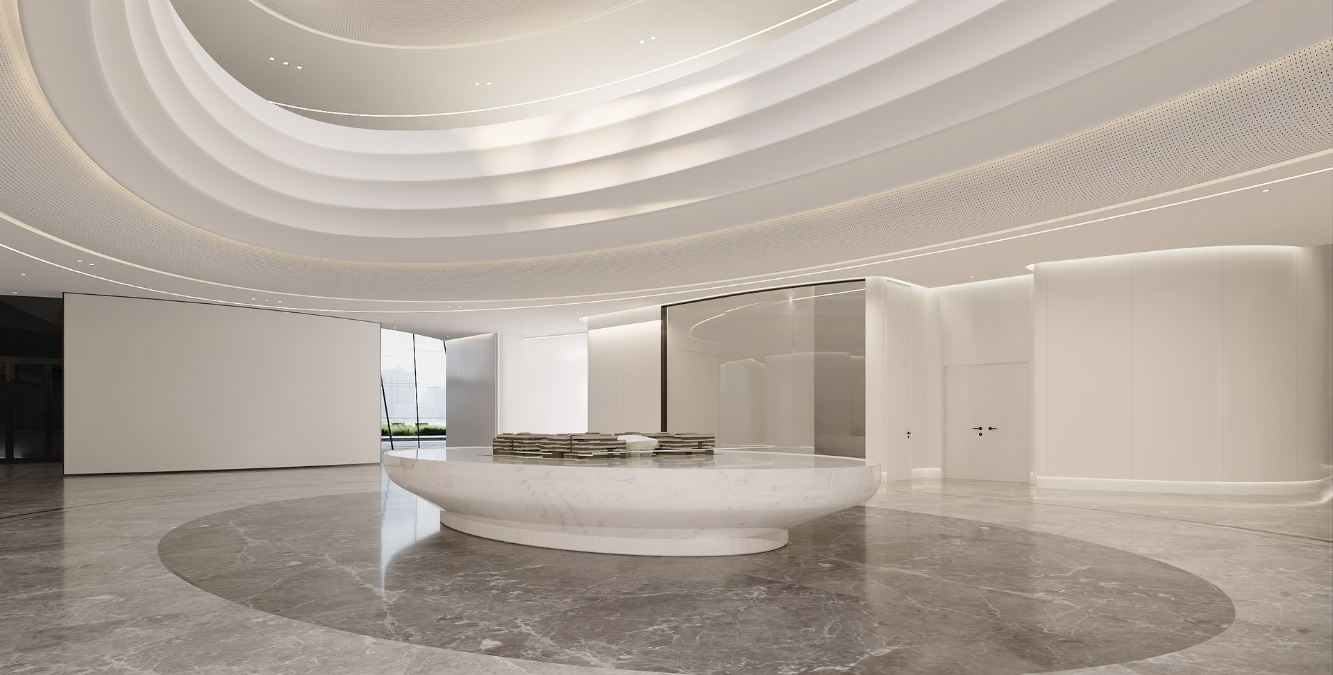Minimalist Grand Lobby Atrium With Sculptural Ceiling 3D Model ...