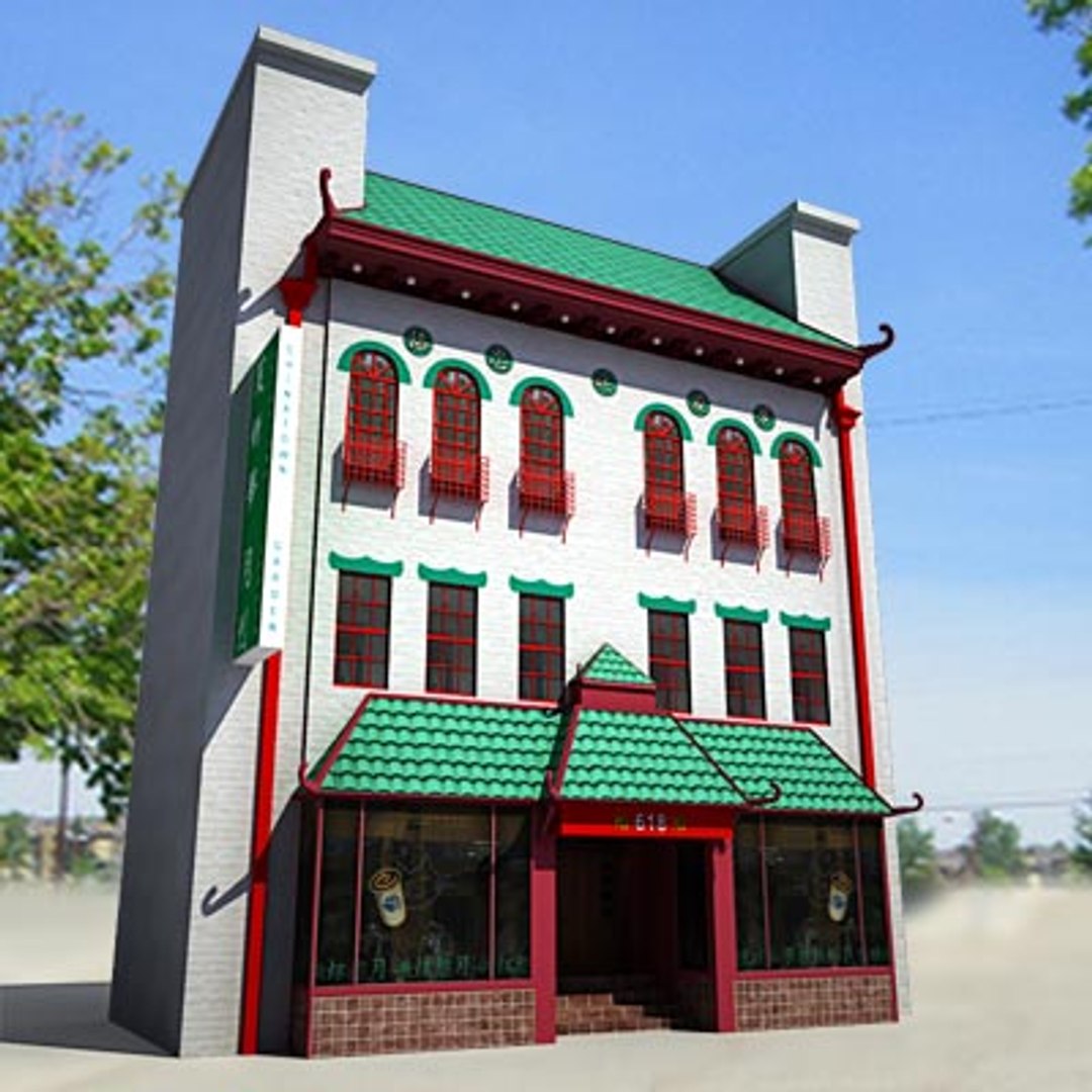 3d Model Of Low-poly China Town 3-storey