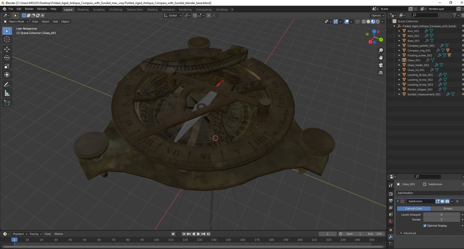 Folded Aged Antique Compass With Sundial 3D Model - TurboSquid 2212758