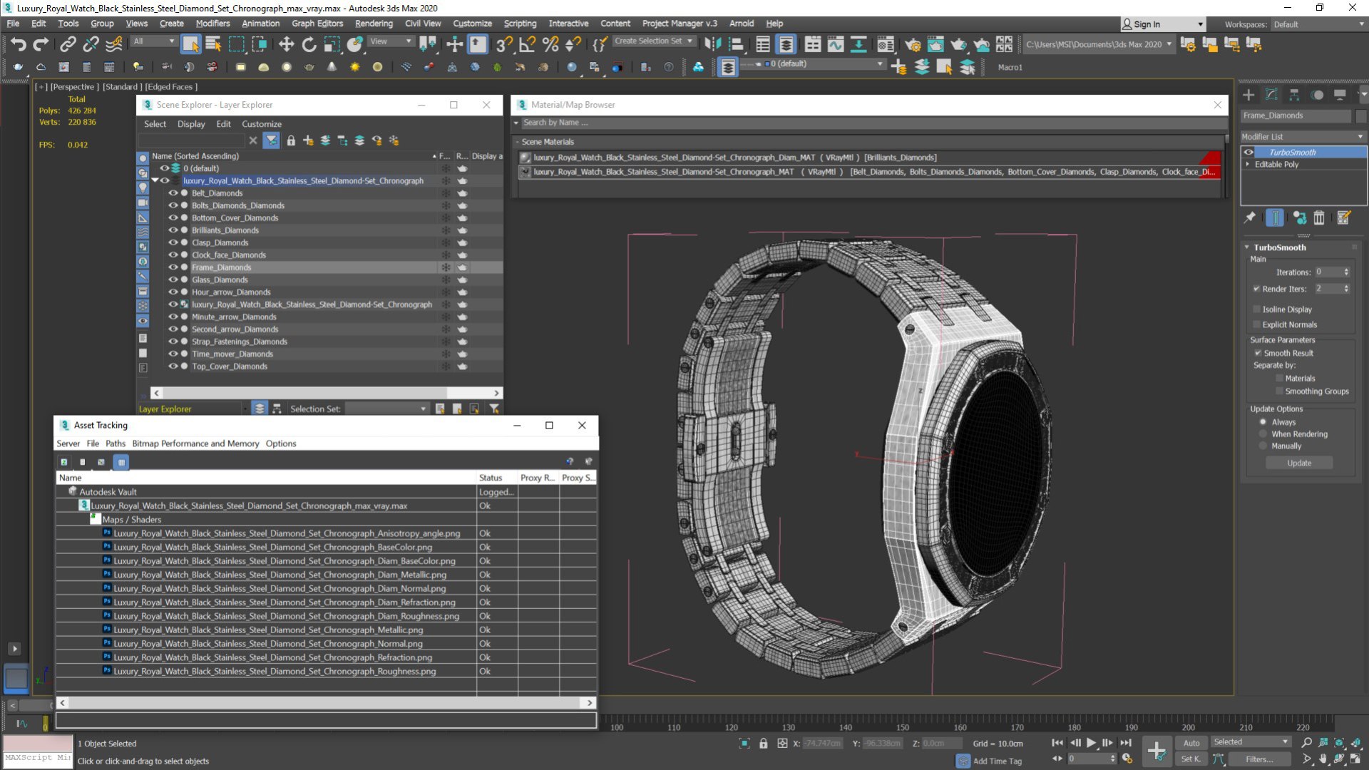 Luxury Royal Watch Black Stainless Steel Diamond-Set Chronograph 3D ...