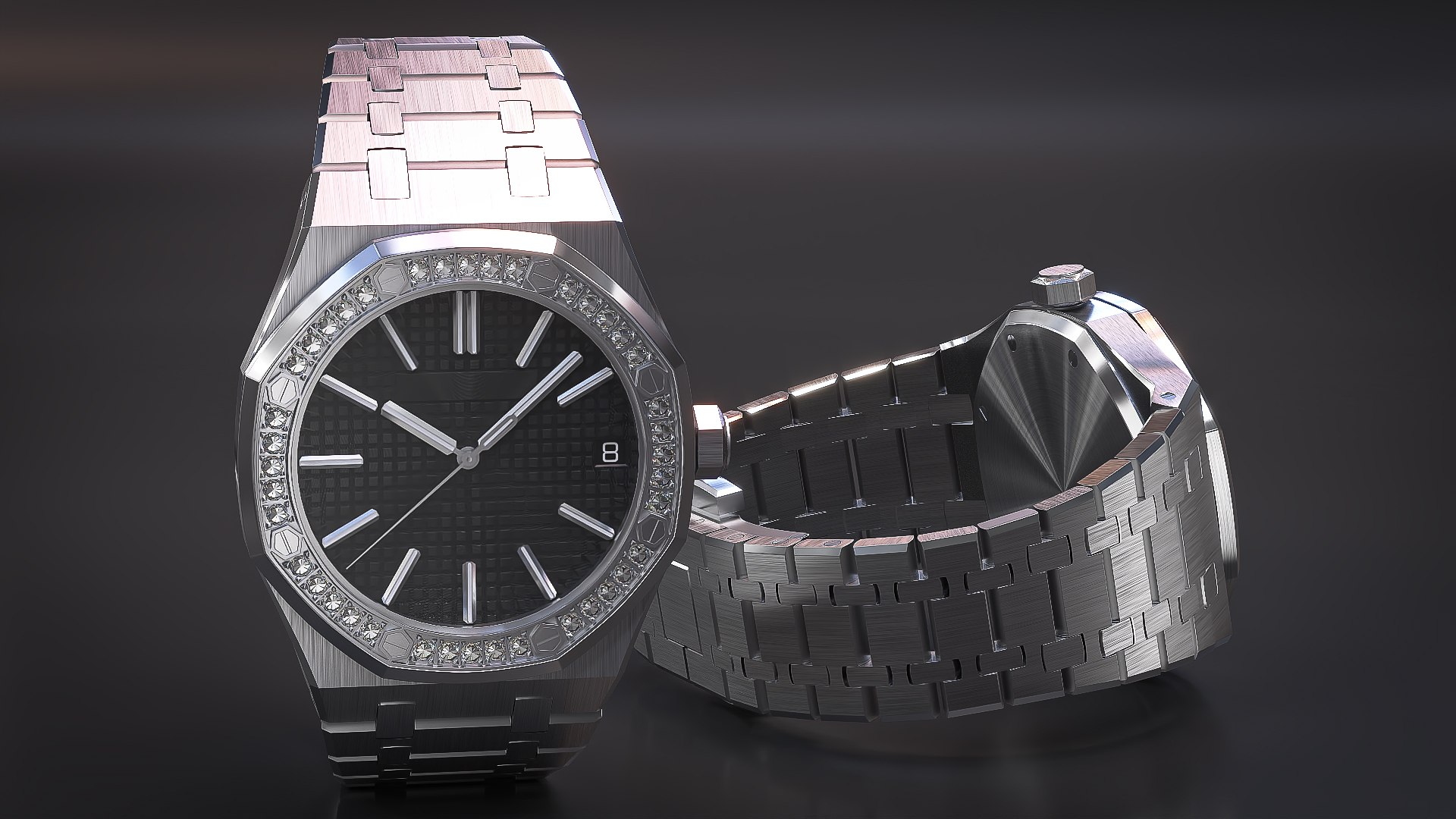 Luxury Royal Watch Black Stainless Steel Diamond-Set Chronograph 3D ...