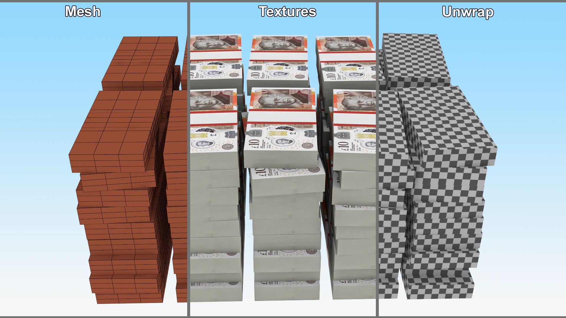 3D Stacked UK 10 Pounds Currency Bundles - TurboSquid 2256159