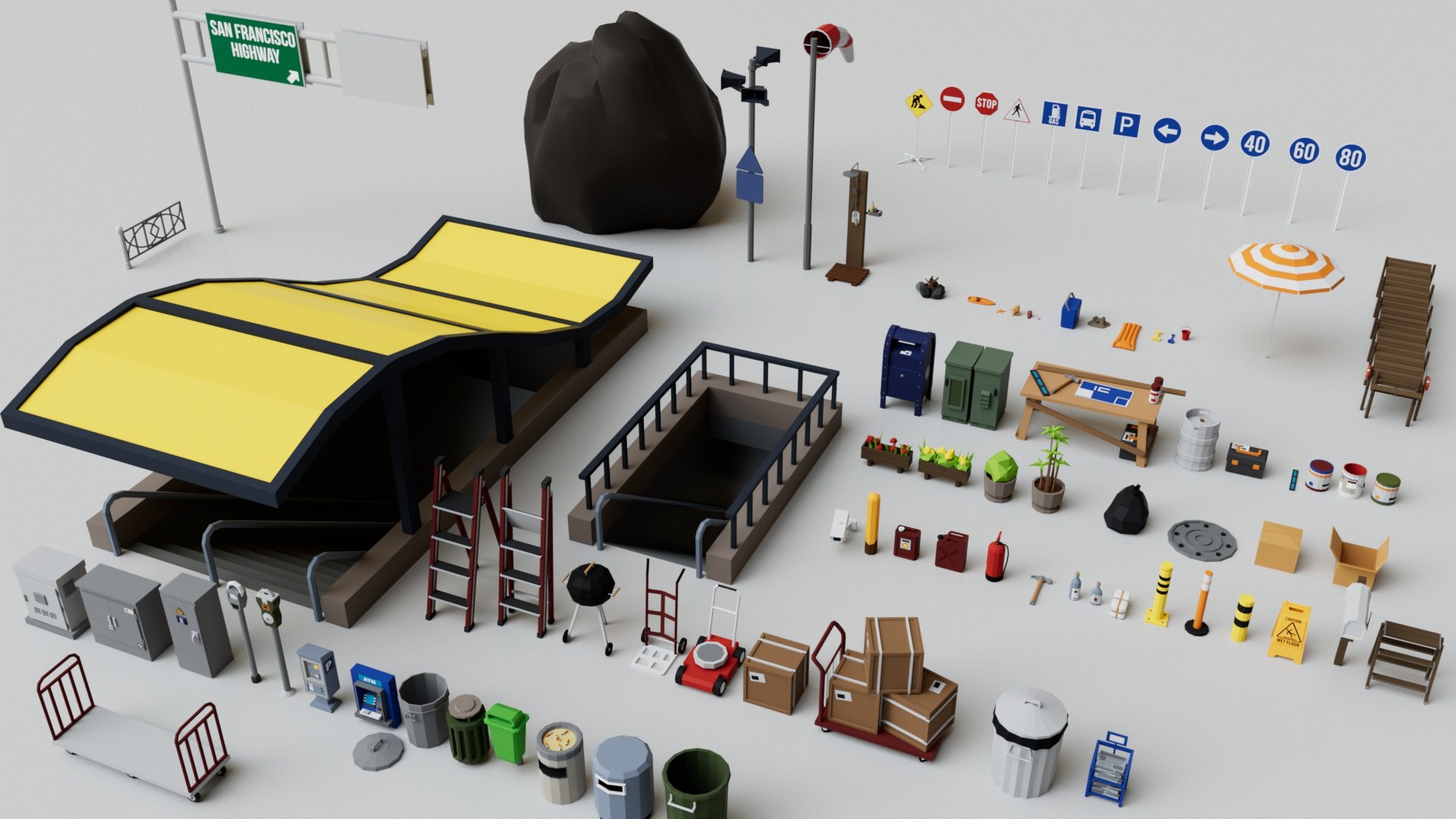 Low Poly Exterior City Street Props Pack Collection Model - TurboSquid ...