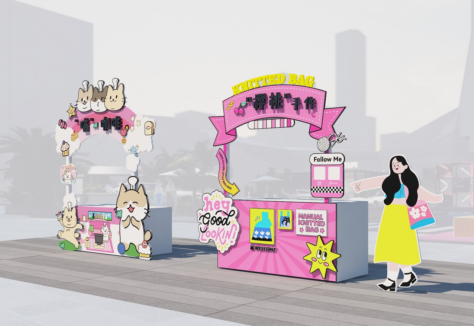 Pink Cute Booth Kawaii Booth Cute Pet Cat Booth Night Market Floor ...