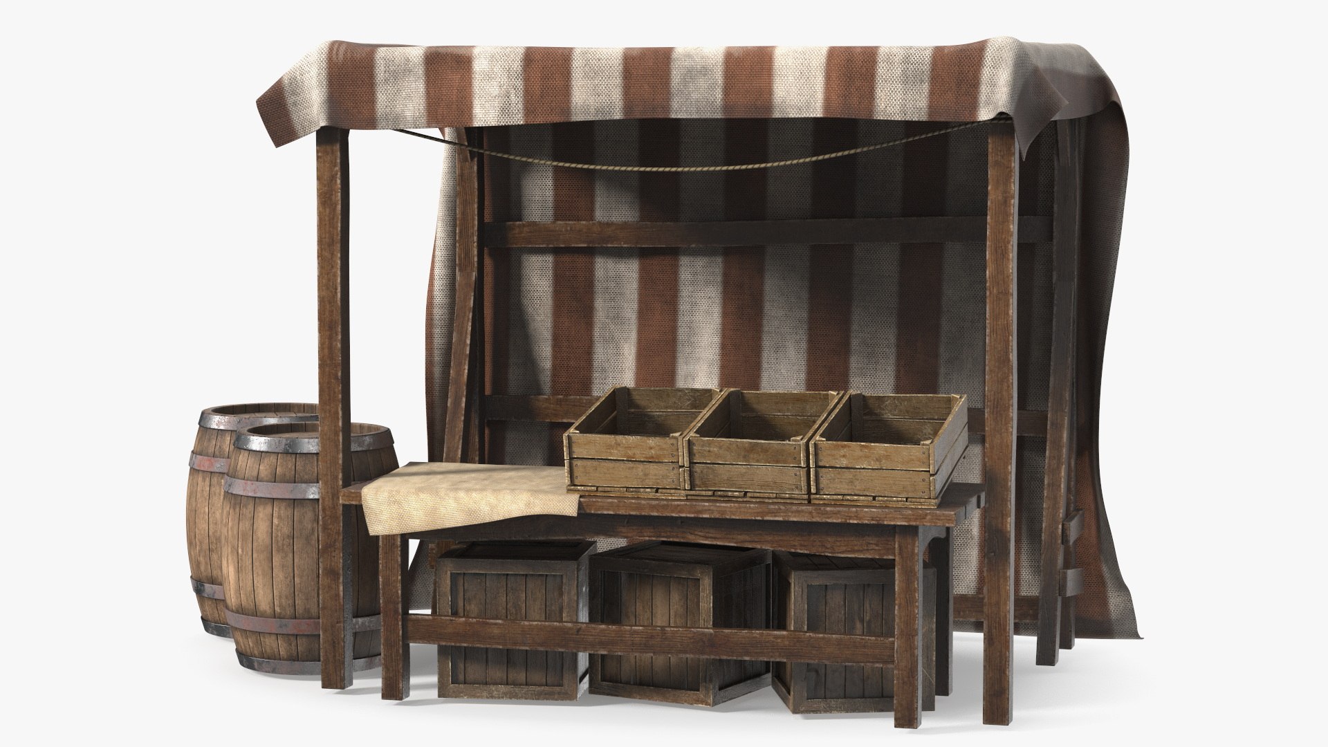 Market Stall With Striped Awning And Wooden Crates 3D - TurboSquid 2221467