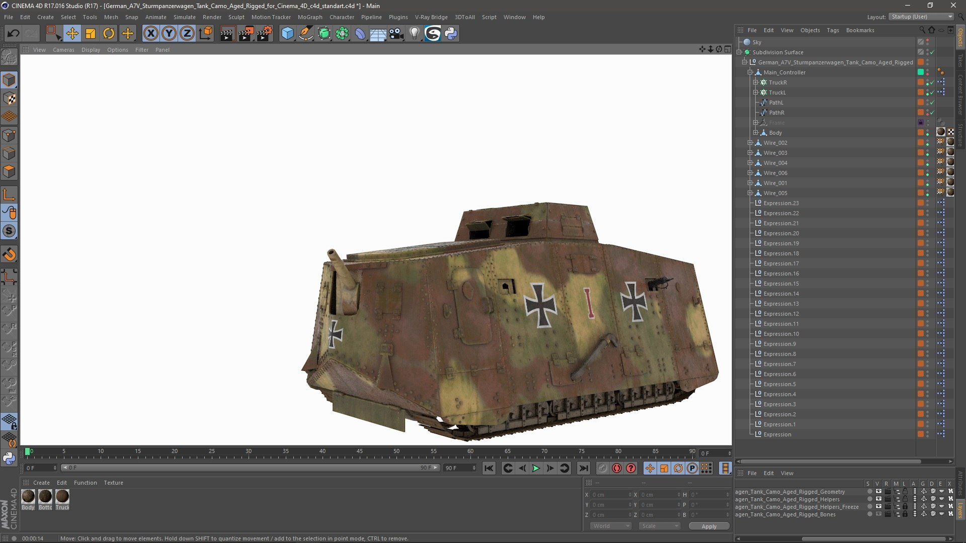 German A7V Sturmpanzerwagen Tank Camo Aged Rigged for Cinema 4D 3D ...