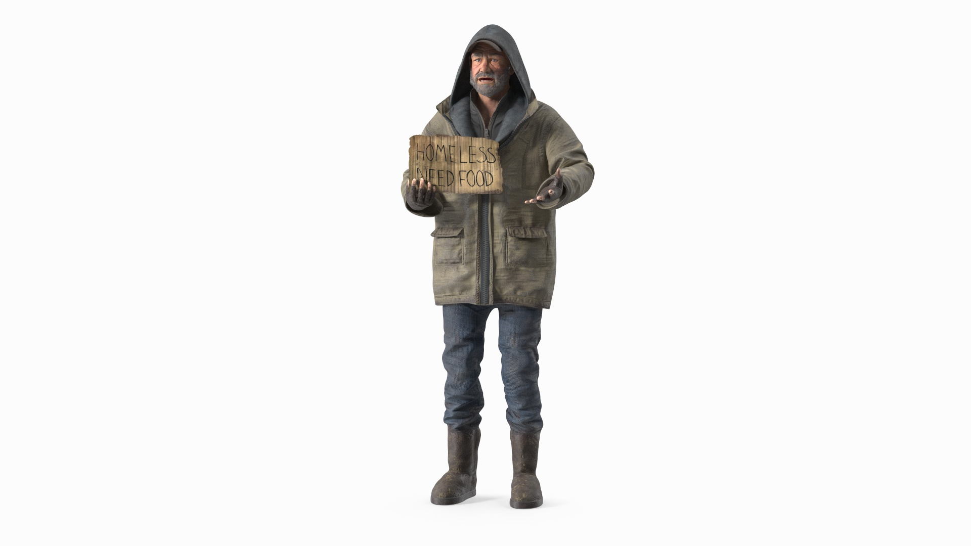 3D Homeless Man With A Sign Asking For Alms - TurboSquid 2283329